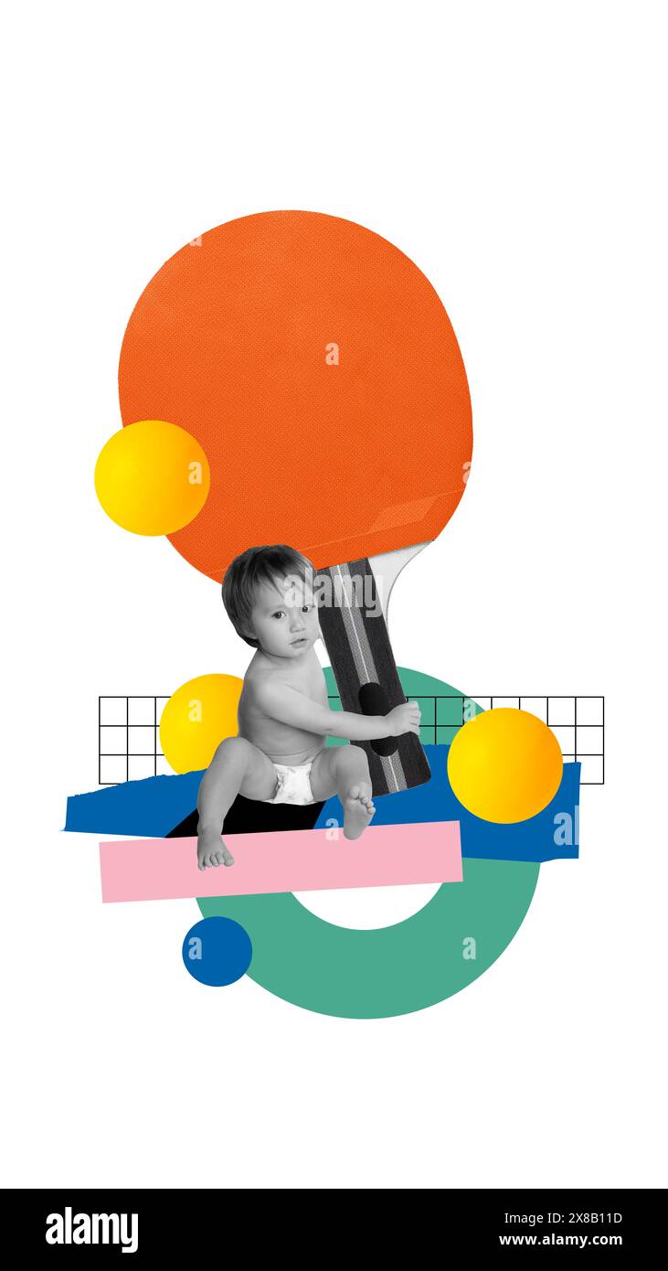 Adorable baby sitting with table tennis racket on light background with ...