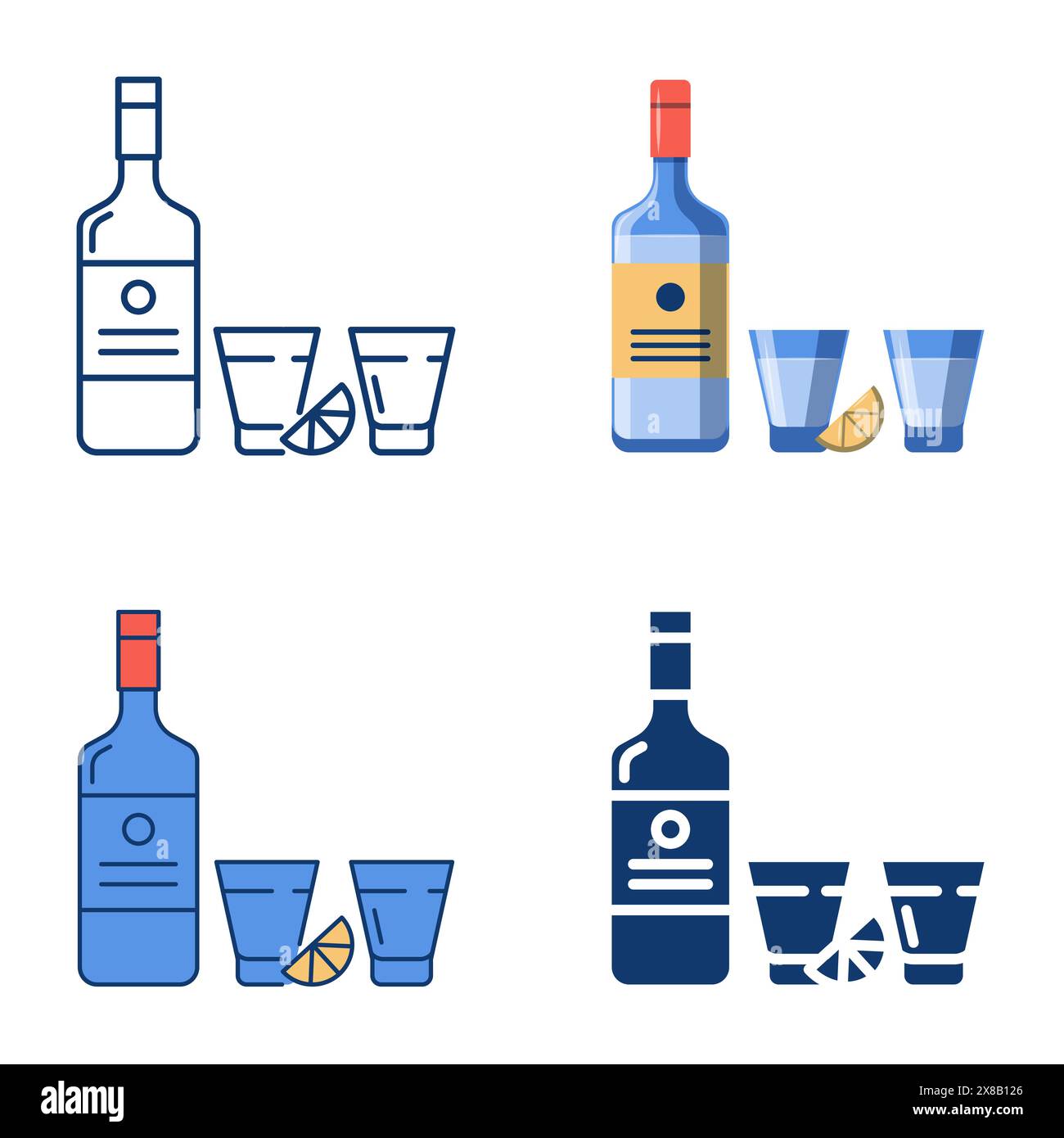 Vodka bottle and glasses icon set in flat and line style. Traditional ...