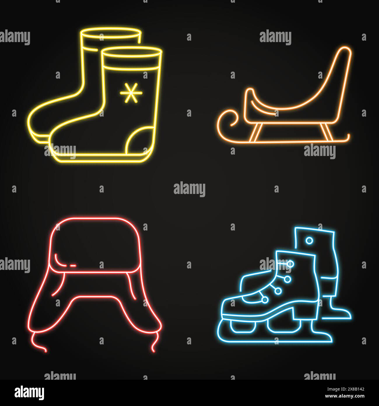 Russian traditional winter symbols neon icon set. Cold weather clothes ...