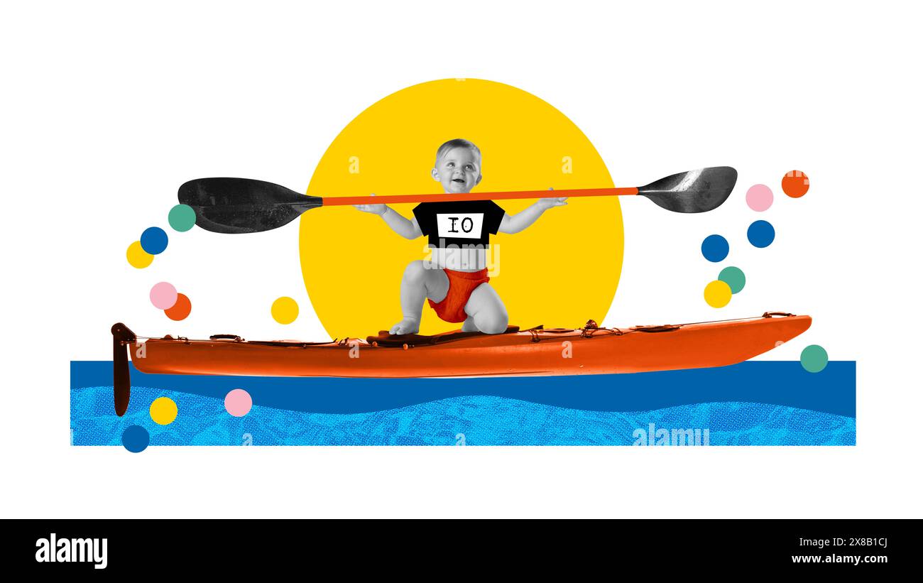 Happy smiling baby on canoe with paddle rowing on river on light ...