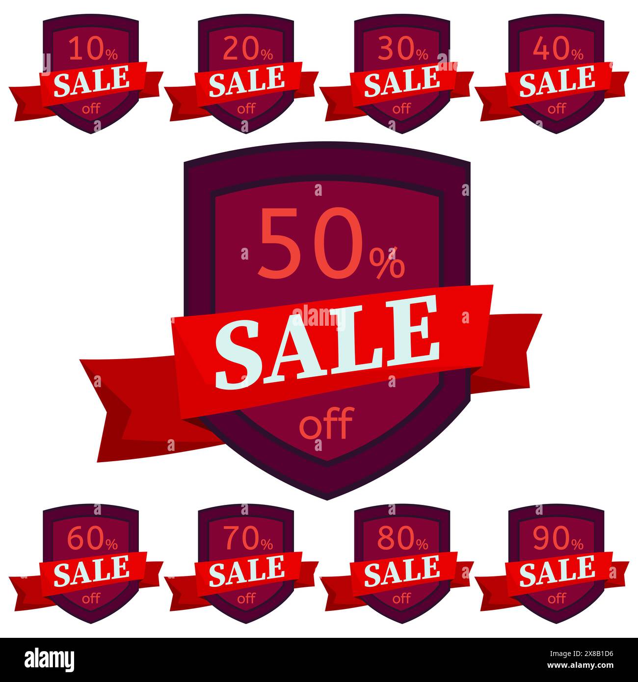 Set of discount stickers. Dark red badges with red ribbon for sale 10 ...