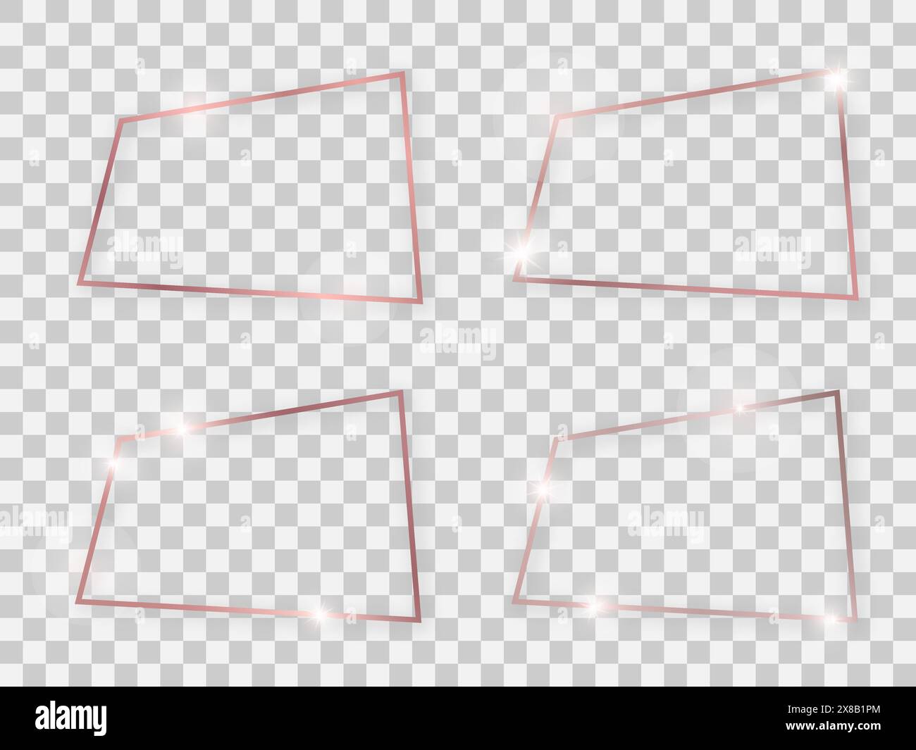 Set of four rose gold shiny rectangular frames with glowing effects and shadows on transparent ...