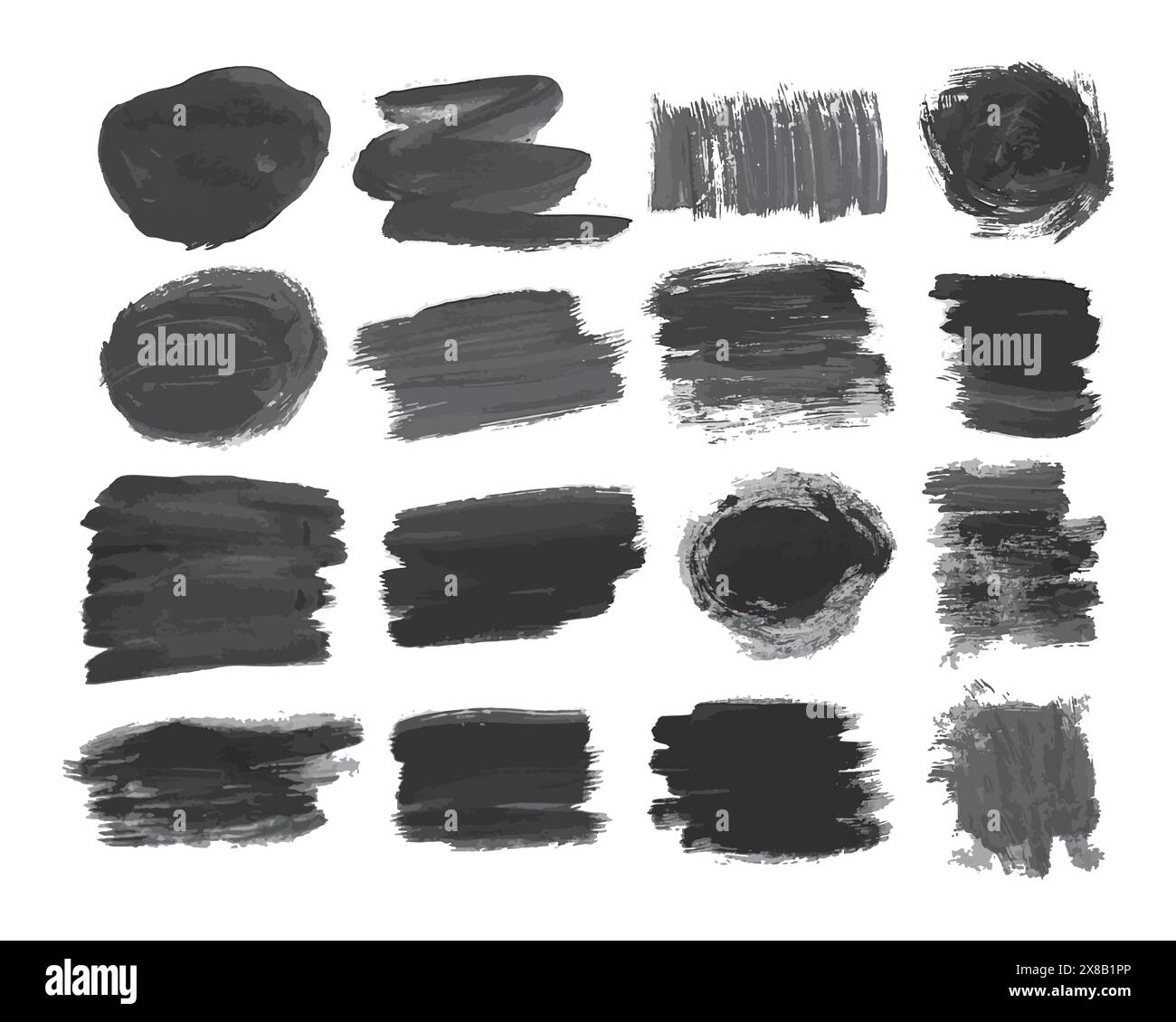 Set of sixteen black hand drawn ink stains. Ink spots isolated on white ...