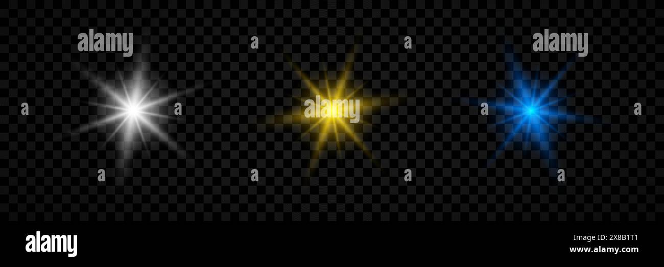 Light effect of lens flares. Set of three white, yellow and blue glowing lights starburst ...
