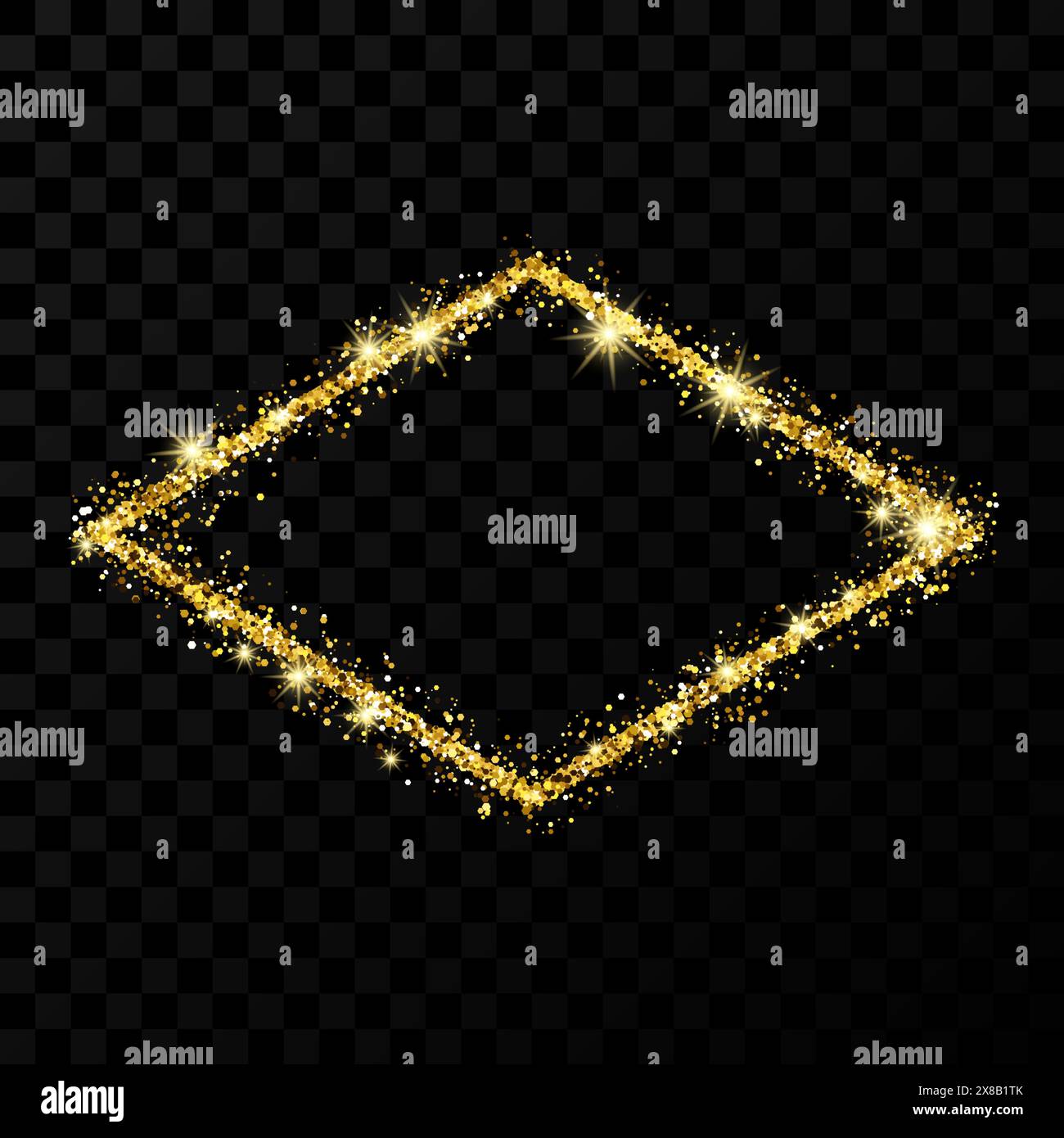Gold glitter frame. Rhombus frame with shiny sparkles on dark transparent background. Vector ...