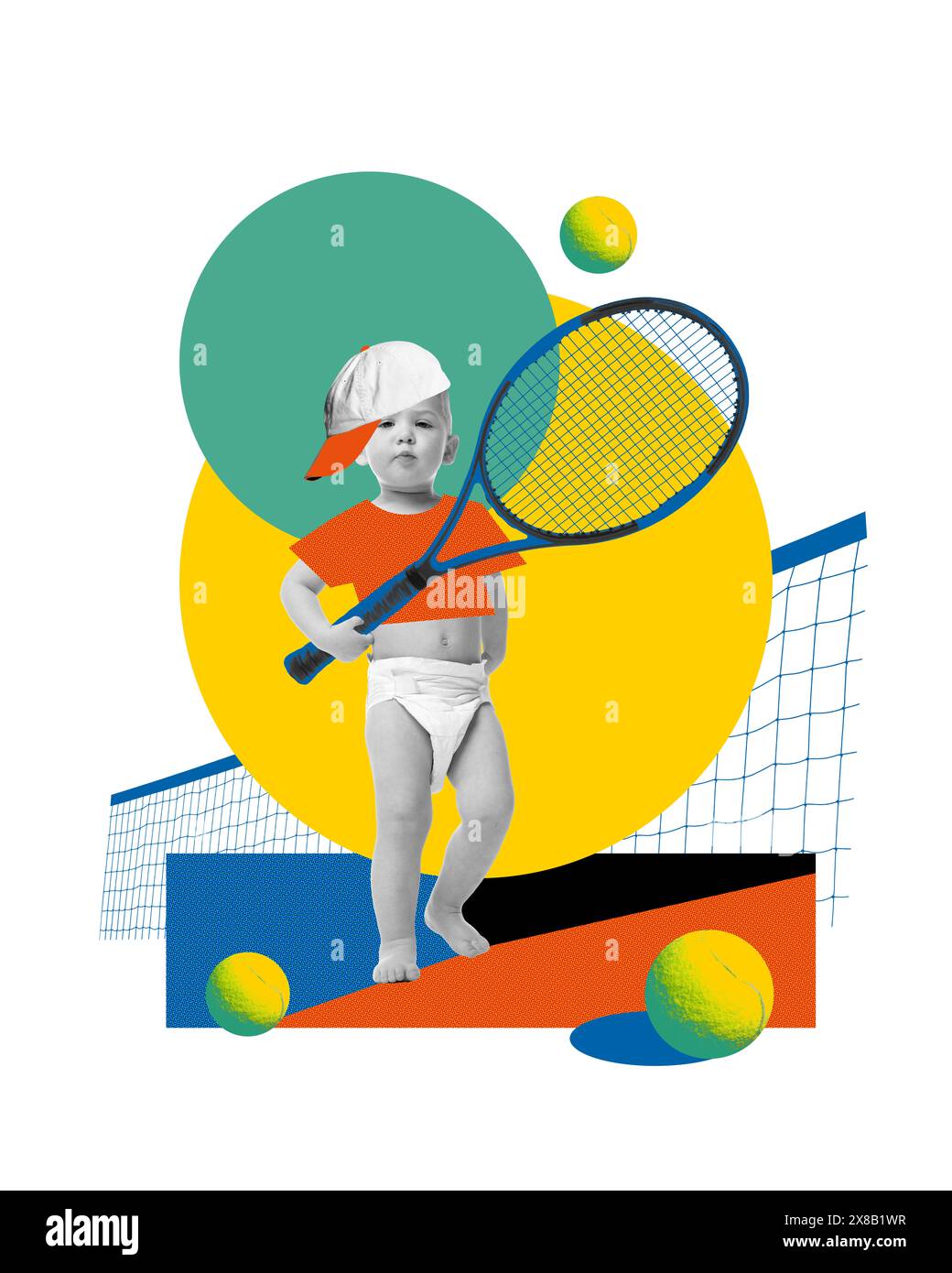 Baby boy in cap holding tennis racket and playing on abstract court on ...