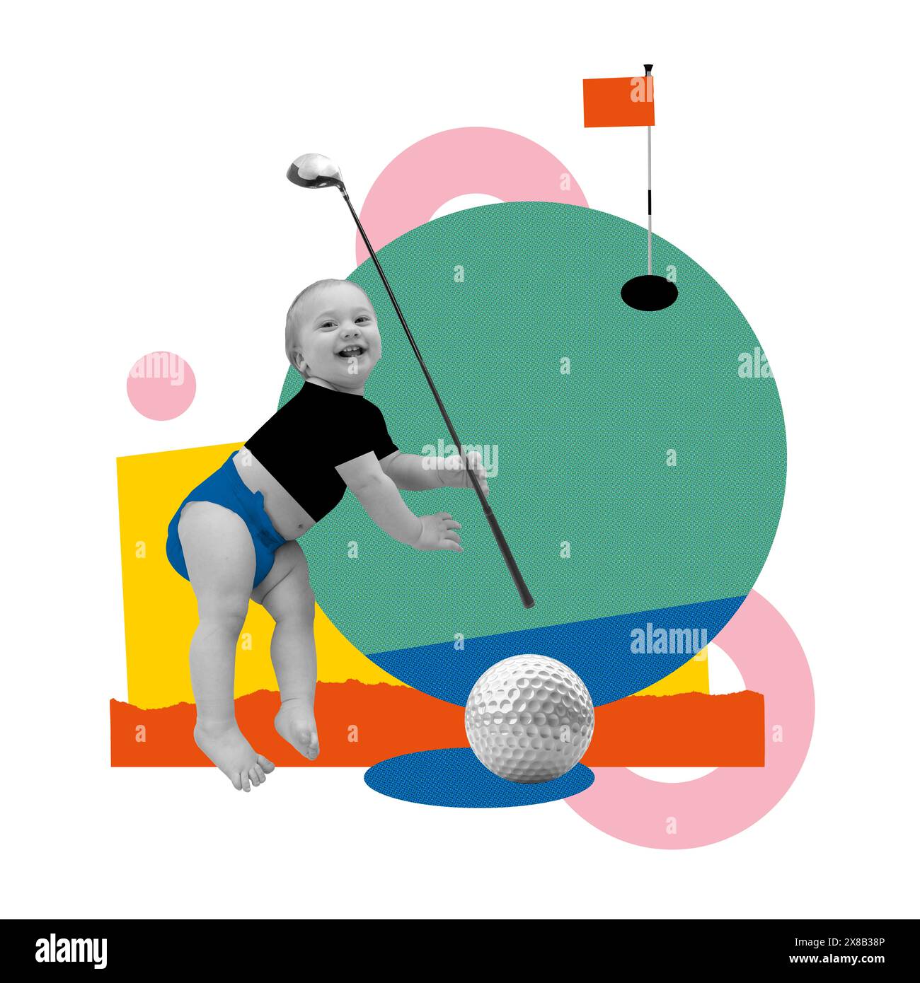Little baby smiling girl, toddler standing with golf club on light ...