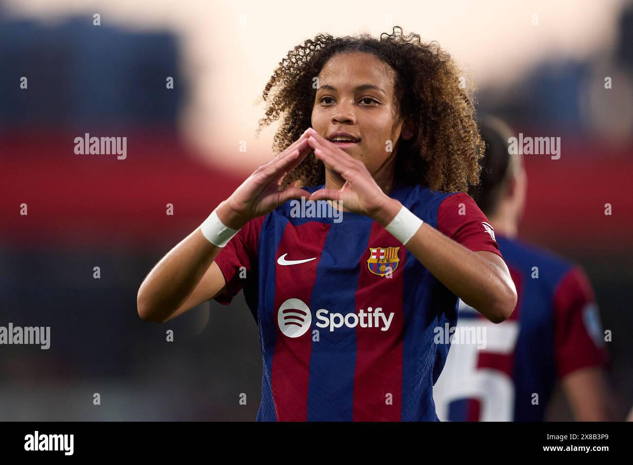 Vicky Lopez of FC Barcelona celebrates after scoring their side's first ...