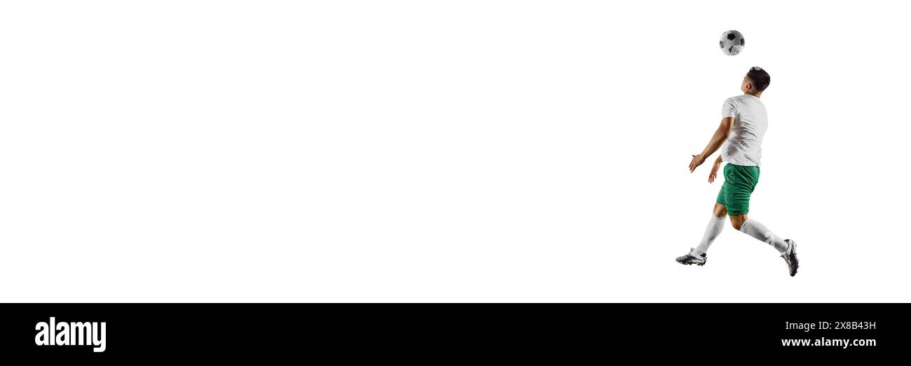 Banner. Young footballer dressed comfortable sport gear leaping into ...