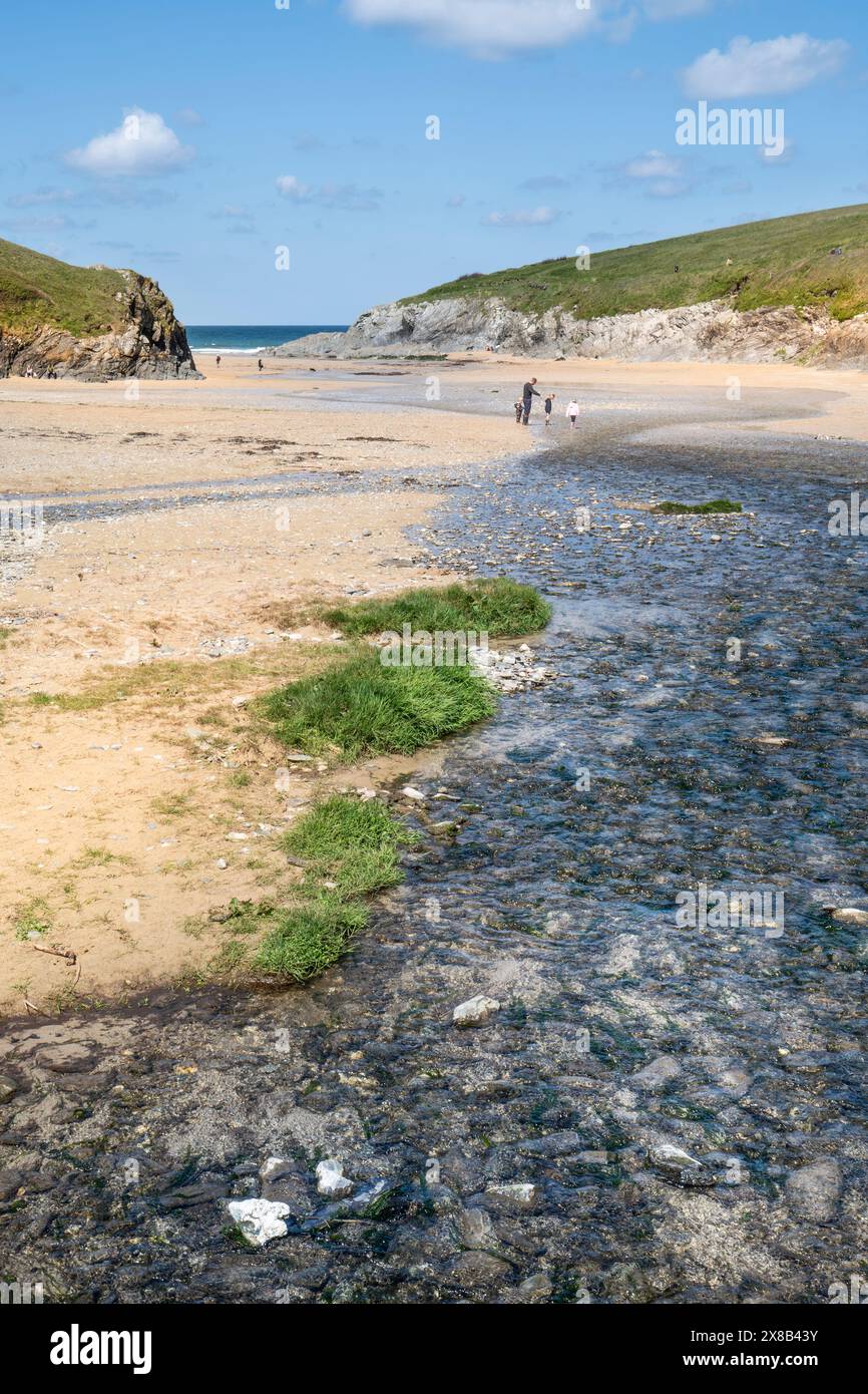 A river flowing across the sand at low tide in the secluded unspoilt ...