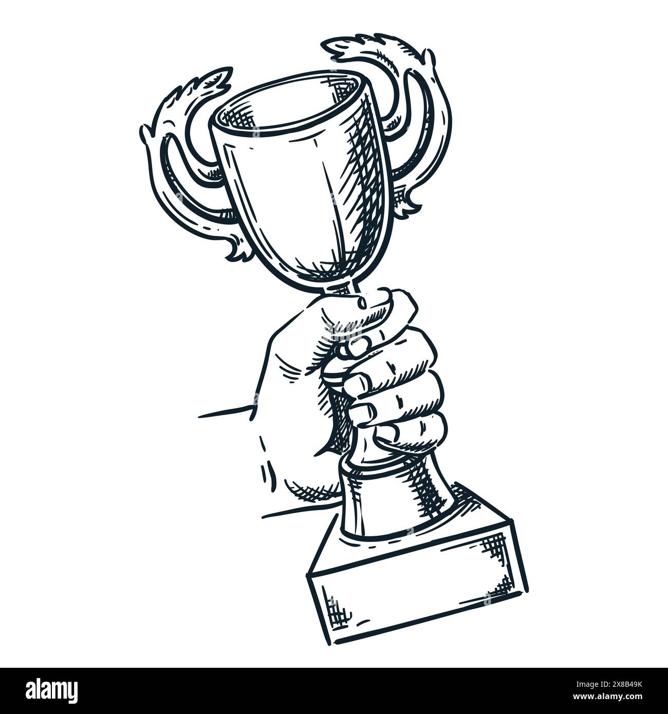 Human hand holding gold champion cup. Vector hand drawn sketch ...