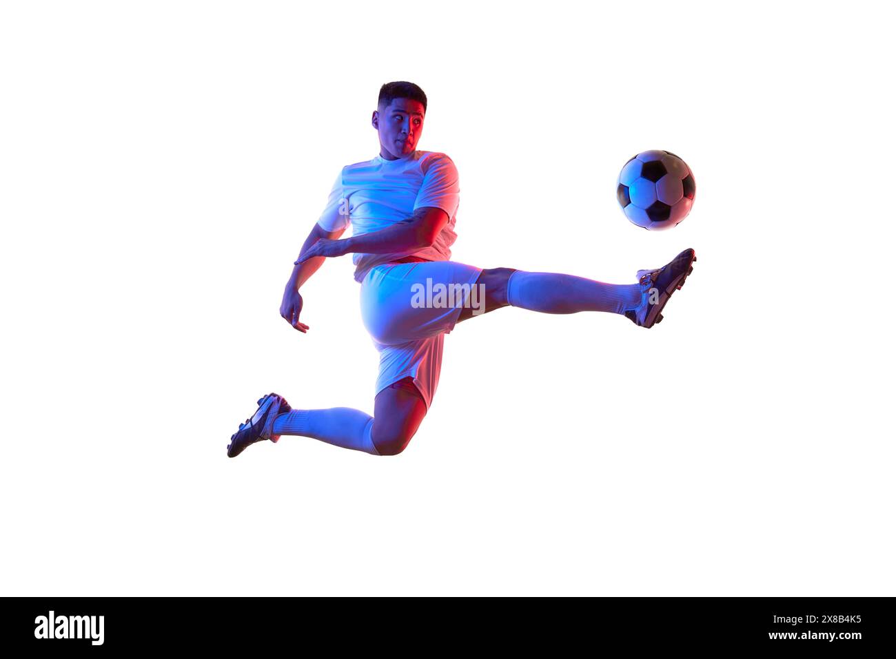 Dynamic portrait of young man, professional soccer player make perfect ...