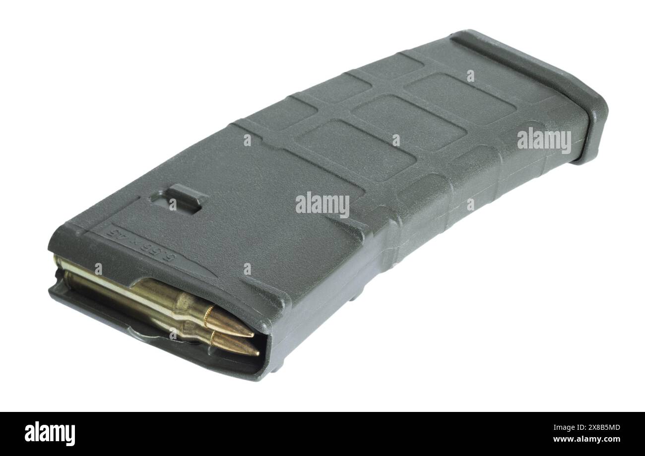 Polymer AR-15 magazine that is high capacity and loaded with 30 ...