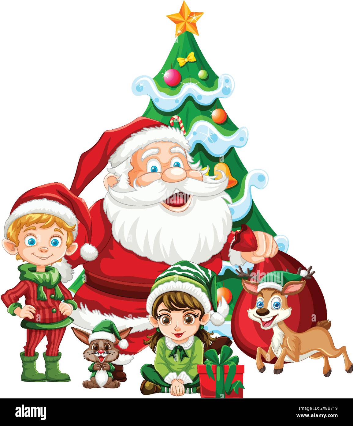 Santa with elves and reindeer by Christmas tree Stock Vector Image ...