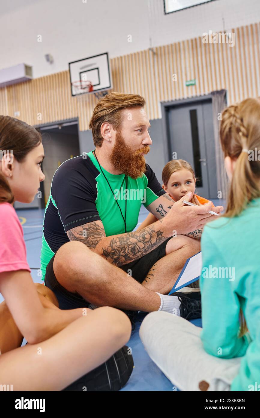 A diverse group of kids sitting attentively around their teacher in a ...
