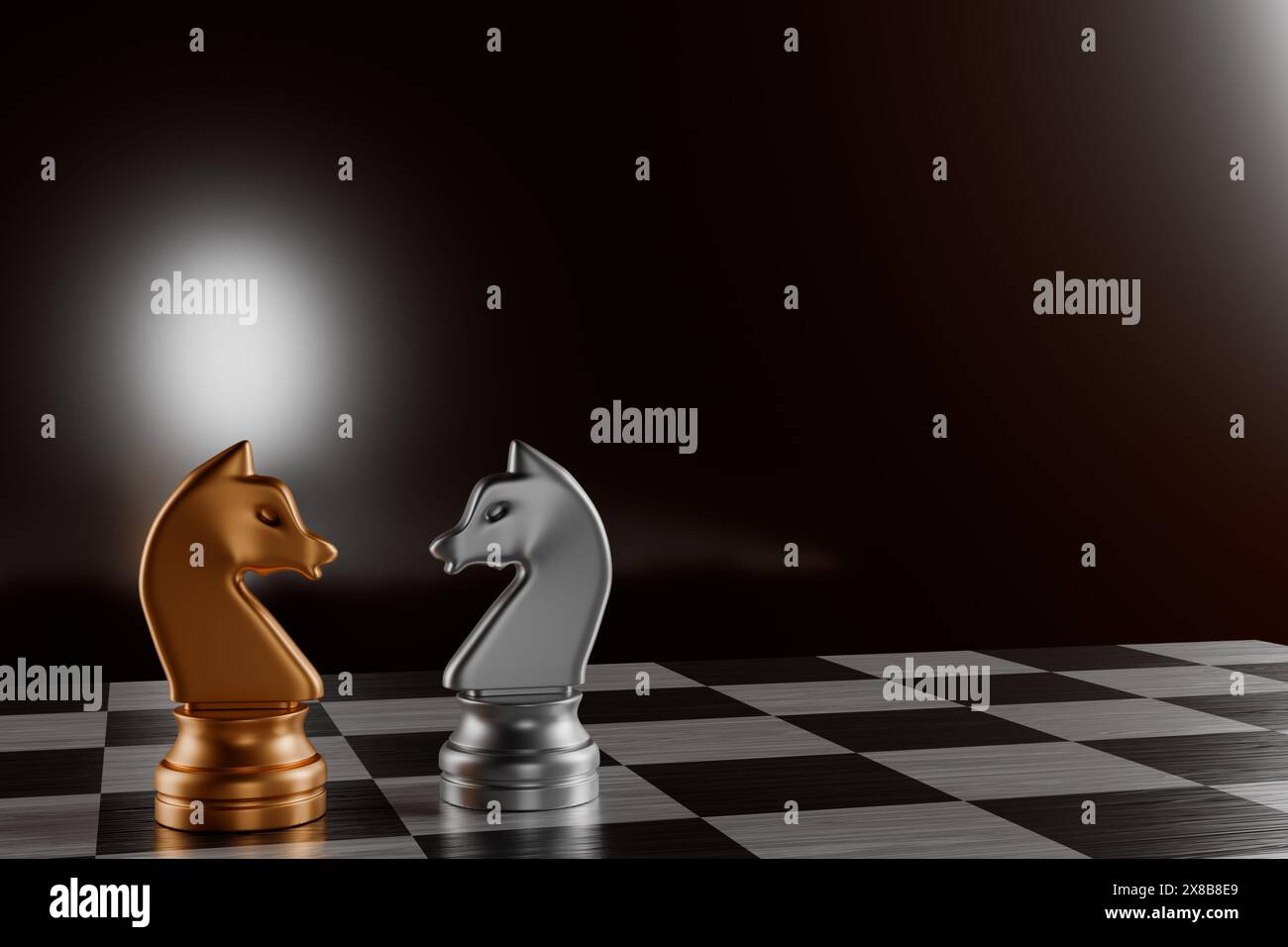 Two chess knights facing each other on a chessboard with a dark ...