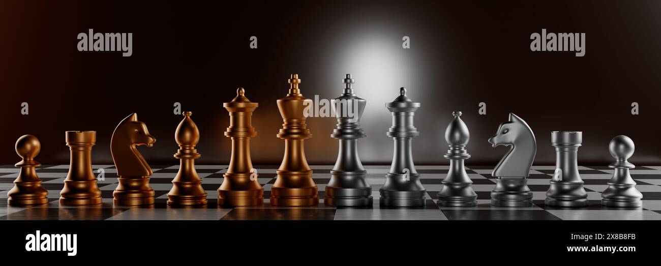 Chess pieces on a board in a dramatic light setting.3d rendering Stock ...