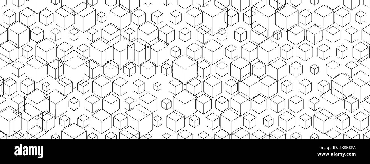 Abstract seamless pattern of black frames of cubes of different sizes on a white background ...