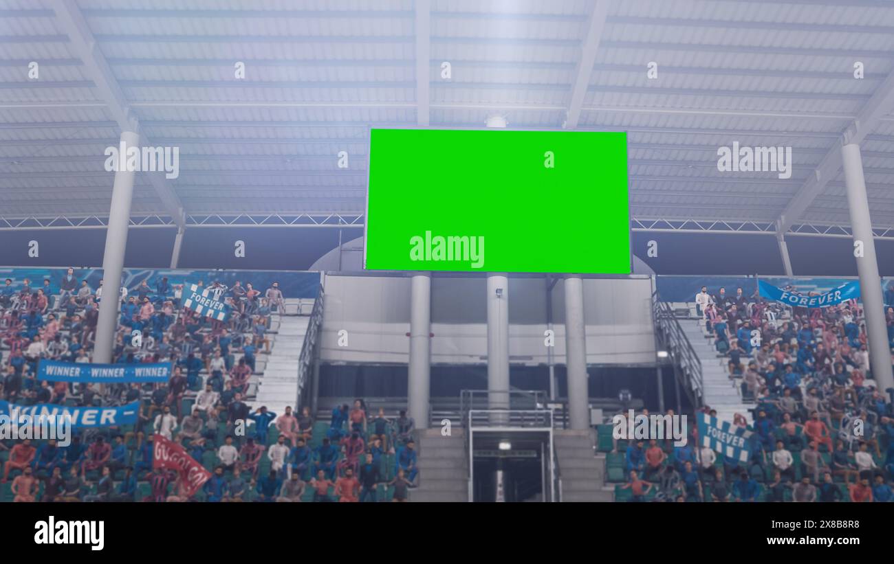 Stadium Championship Match: Scoreboard Green Chroma Key Screen. Crowd ...