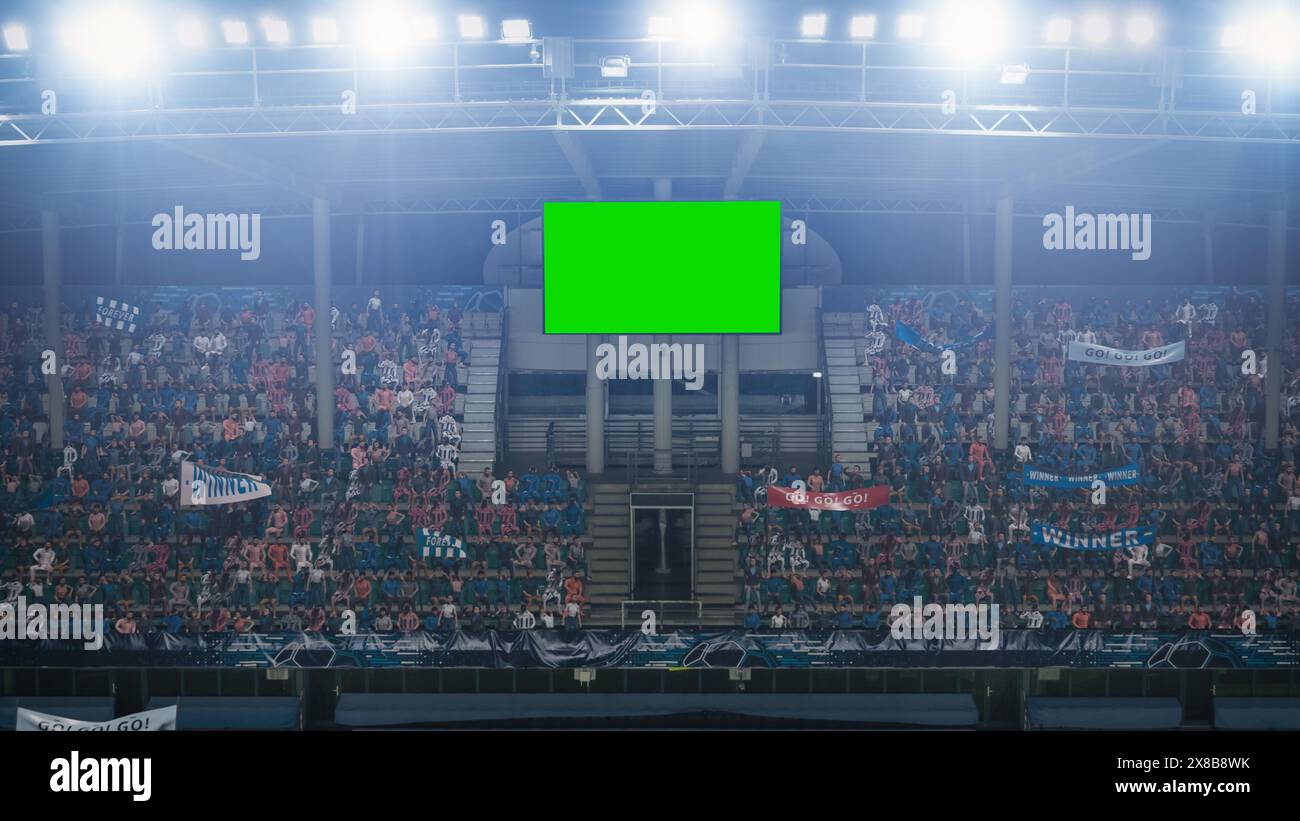 Stadium Championship Match: Scoreboard Green Chroma Key Screen. Crowd ...