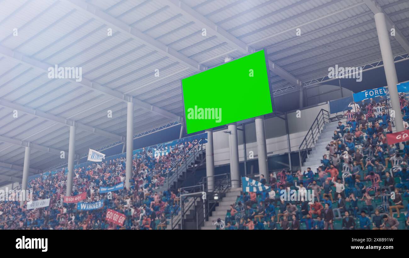 Stadium Championship Match: Scoreboard Green Chroma Key Screen. Crowd ...