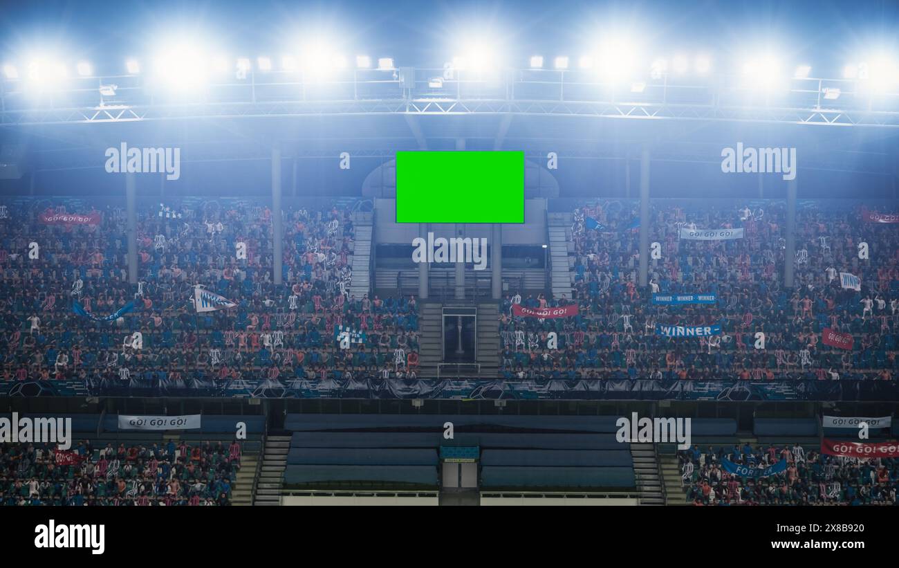 Stadium Championship Match: Scoreboard Green Chroma Key Screen. Crowd ...