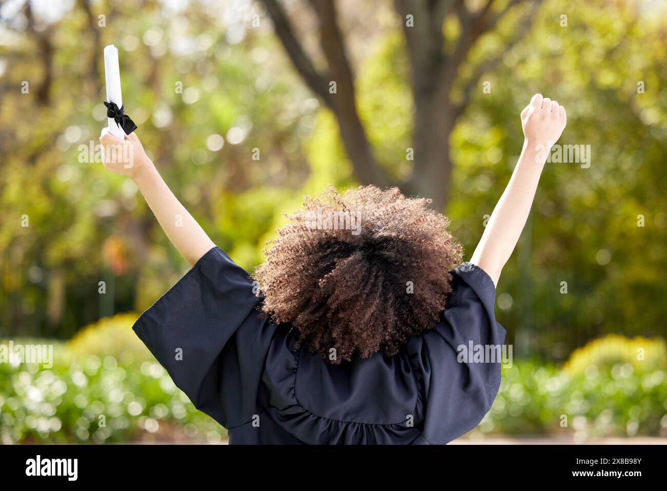 Back, graduation and freedom with college student at university ...