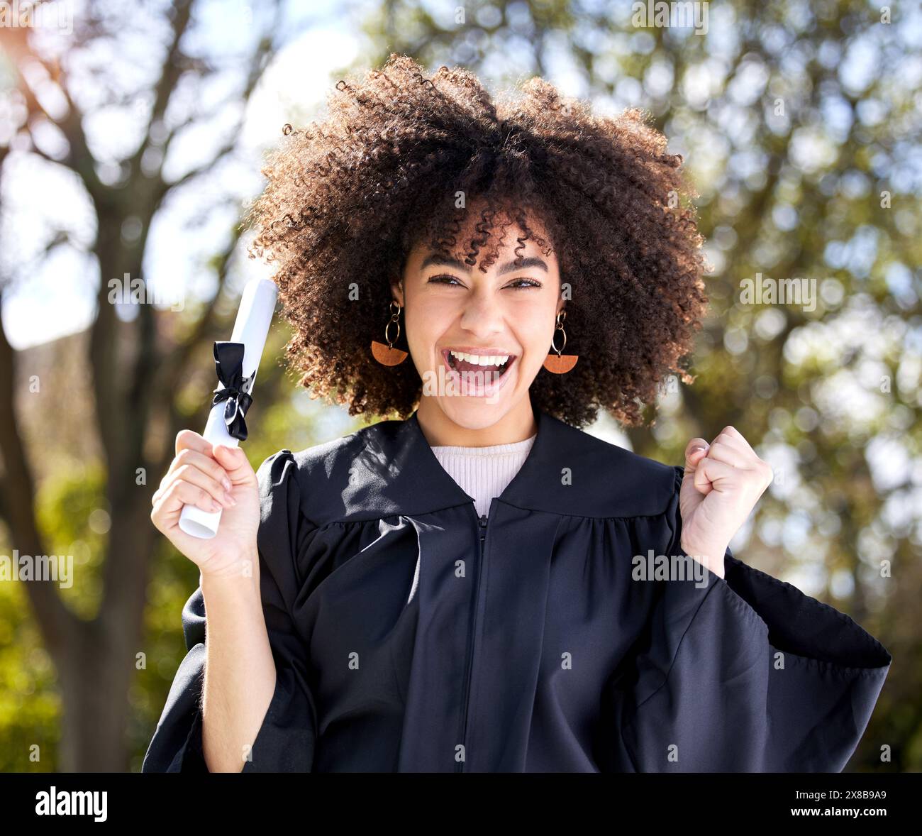 Graduation, portrait and excited woman with certificate to celebrate ...