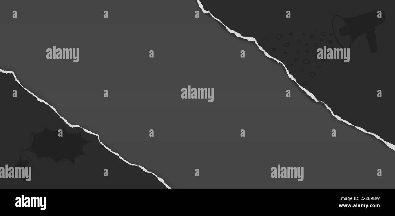 Black paper strips with torn edge, note and soft shadow are on grey ...