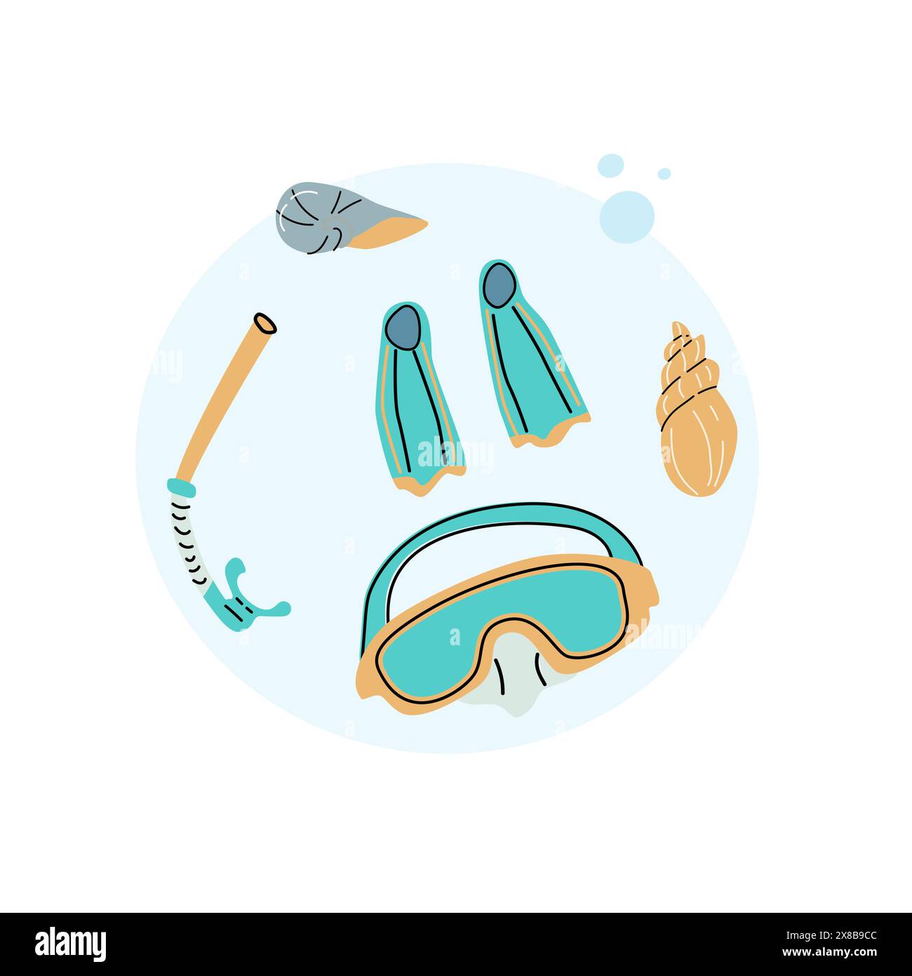 Scuba diving equipment and seashell on round background - summer ...