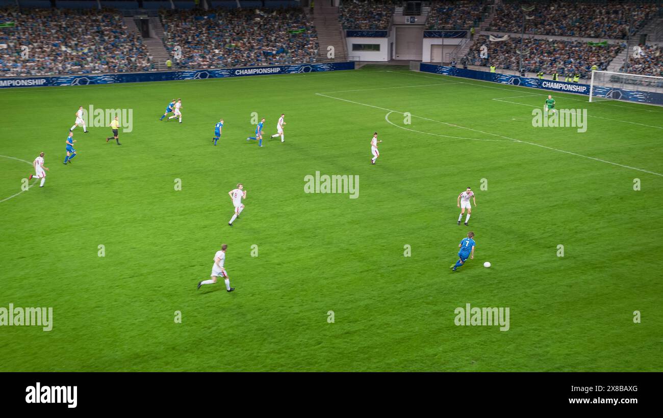 Soccer Football Championship Stadium with Crowd of Fans: Blue Team ...