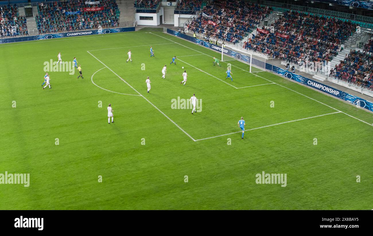 Aerial Shot: Soccer Football Championship: Black Forward From Blue Team ...