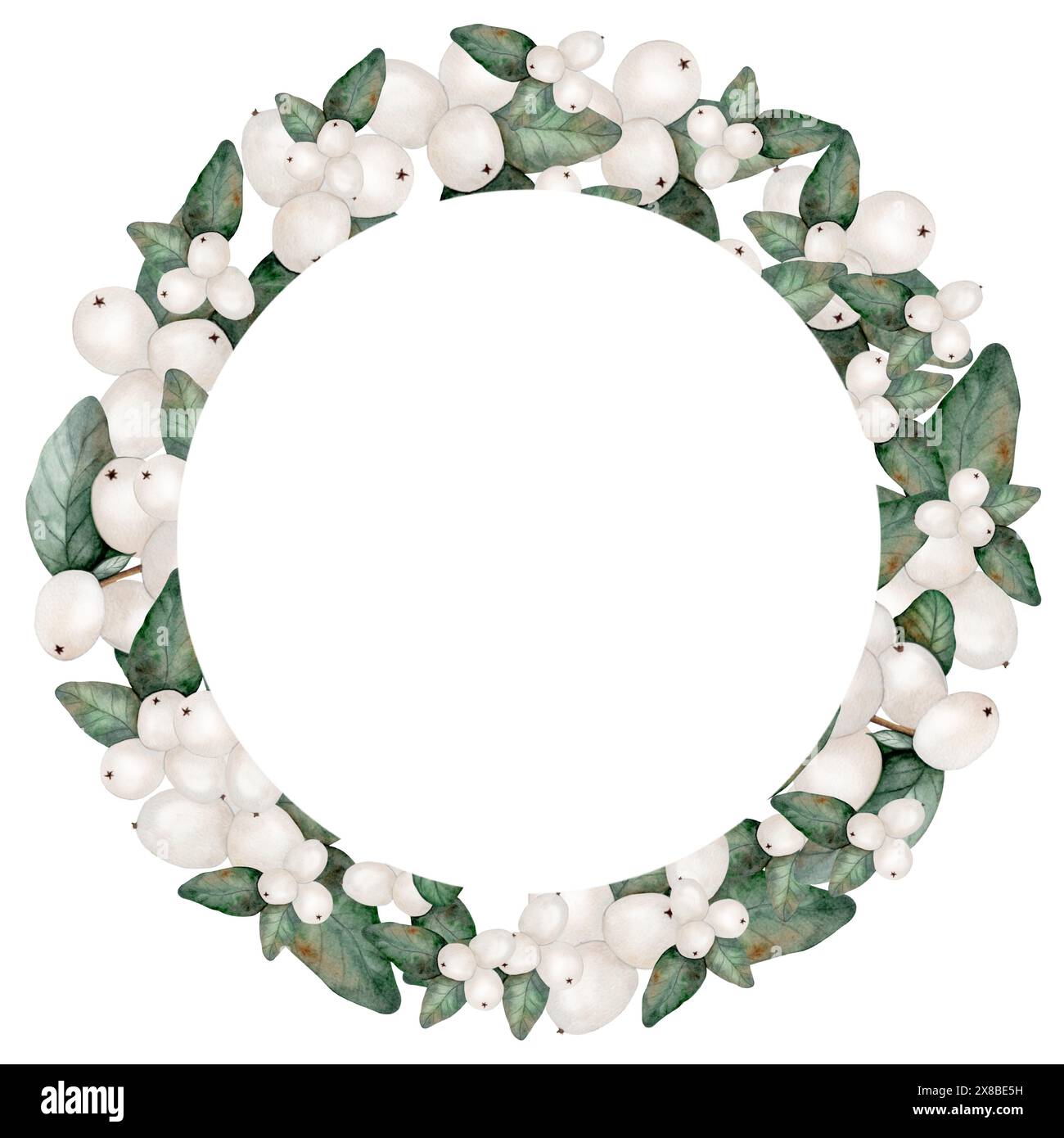 Mistletoe frame watercolor. A round wreath made of branches with ...