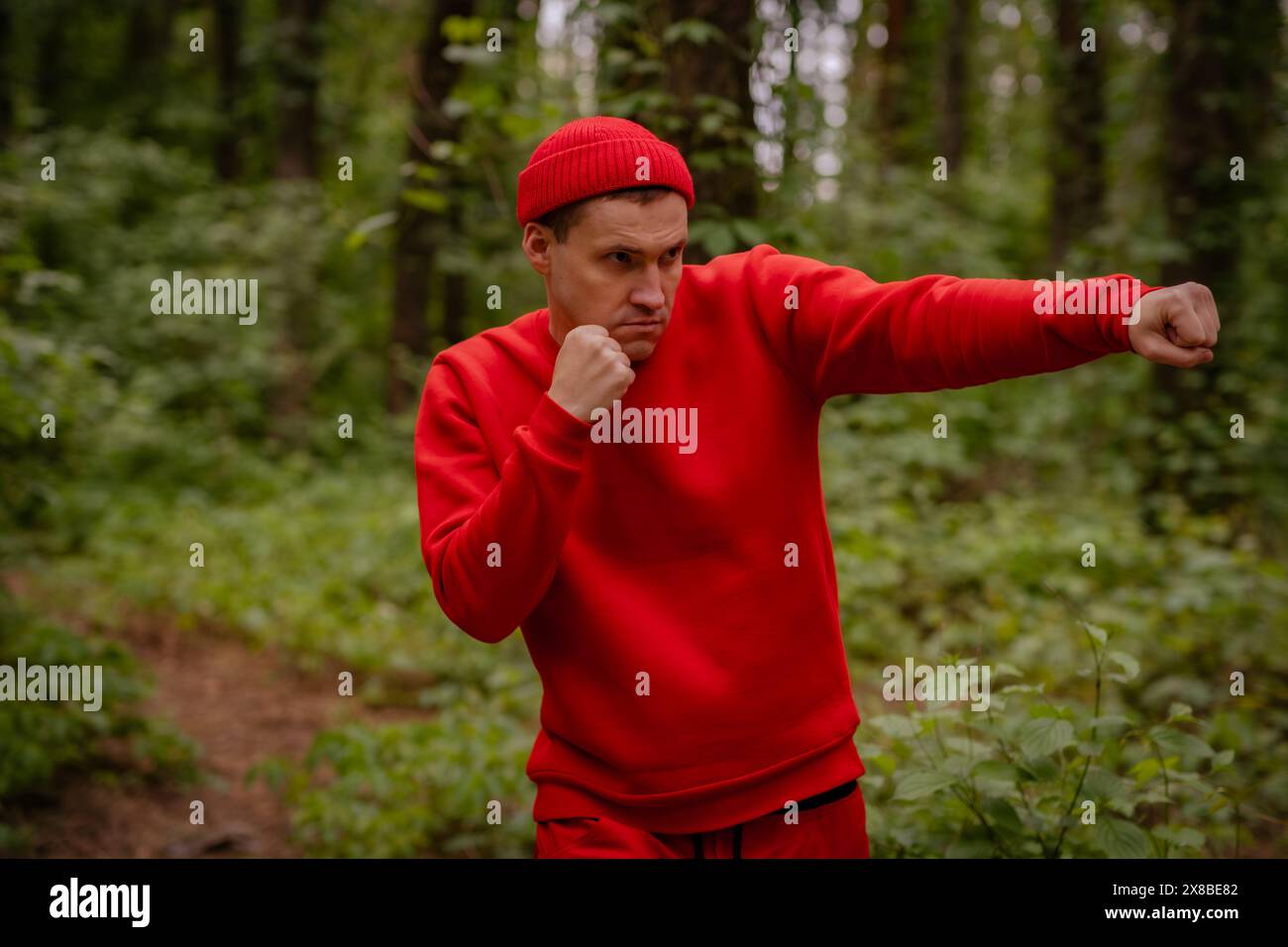 Man Practicing Boxing Moves in a Forest During a Spring Morning Stock ...