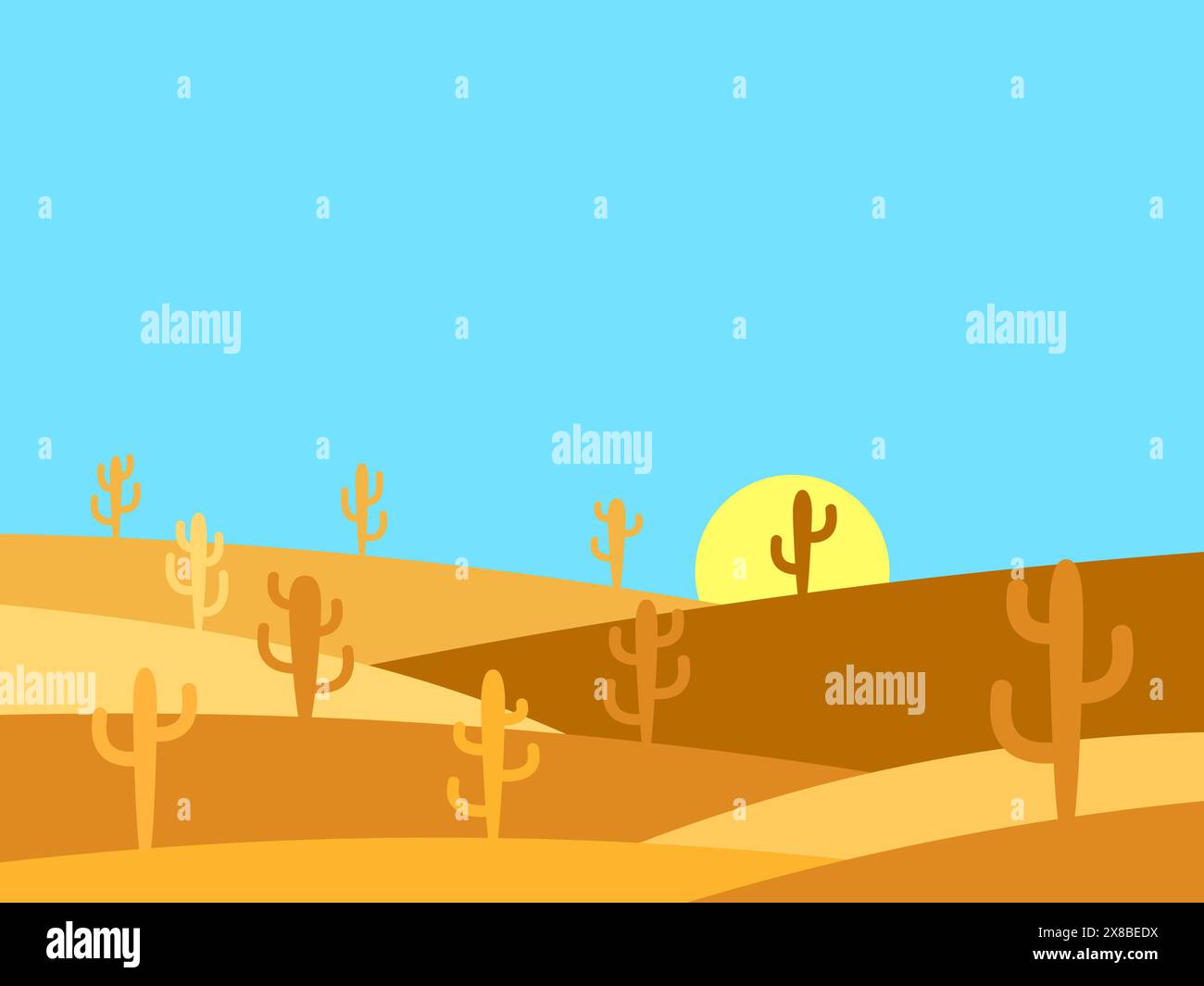 Desert landscape with cacti in a minimalist style. Mexican desert with cacti. Western landscape ...