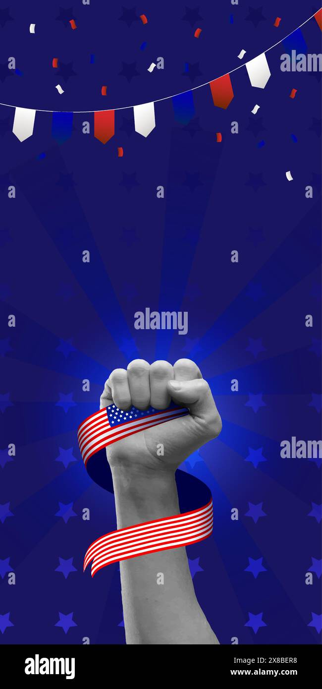 Human hands raised up with ribbon in American flag colors on blue ...