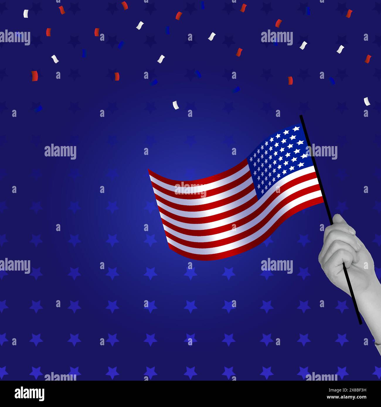 Human hand holding flag of American against blue backdrop. Powerful ...