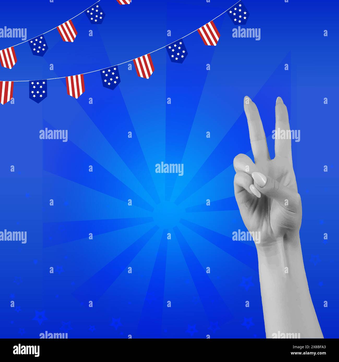Human hand showing peace sign against blue background with American ...
