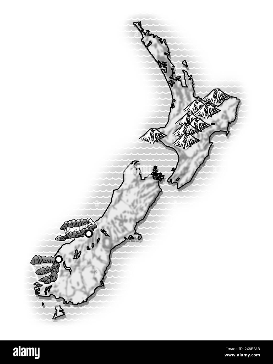 Art illustration map of New Zealand coastline showing the two main ... Art illustration map of New Zealand coastline showing the two main ...