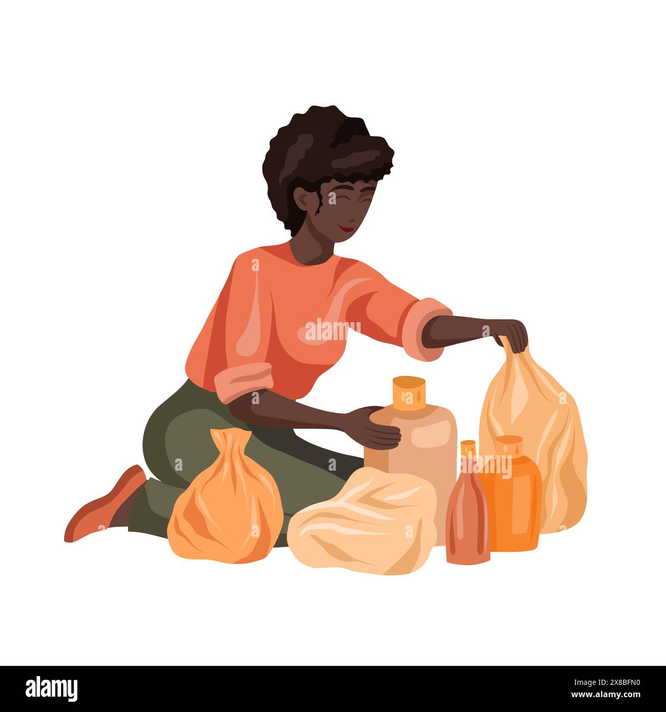 Vector clip art of Black woman sorting plastic garbage isolated from ...