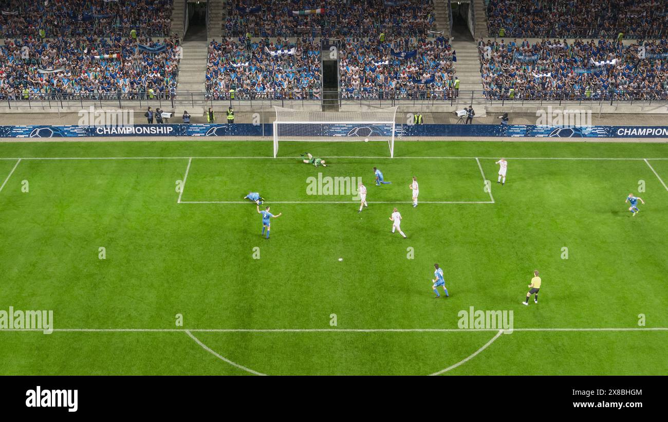Football Championship Stadium with Crowd of Fans: Blue Team Player ...