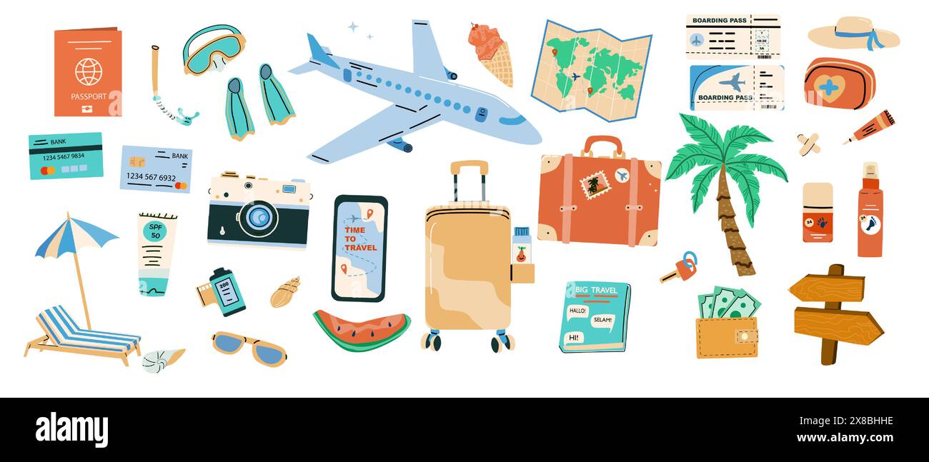 Summer vacation plane and other journey or trip elements for flight and ...