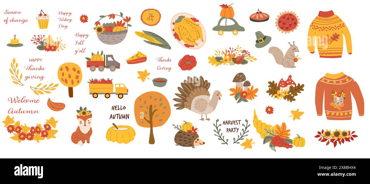 Autumn fall thanksgiving elements set with harvest icons. Collection of ...