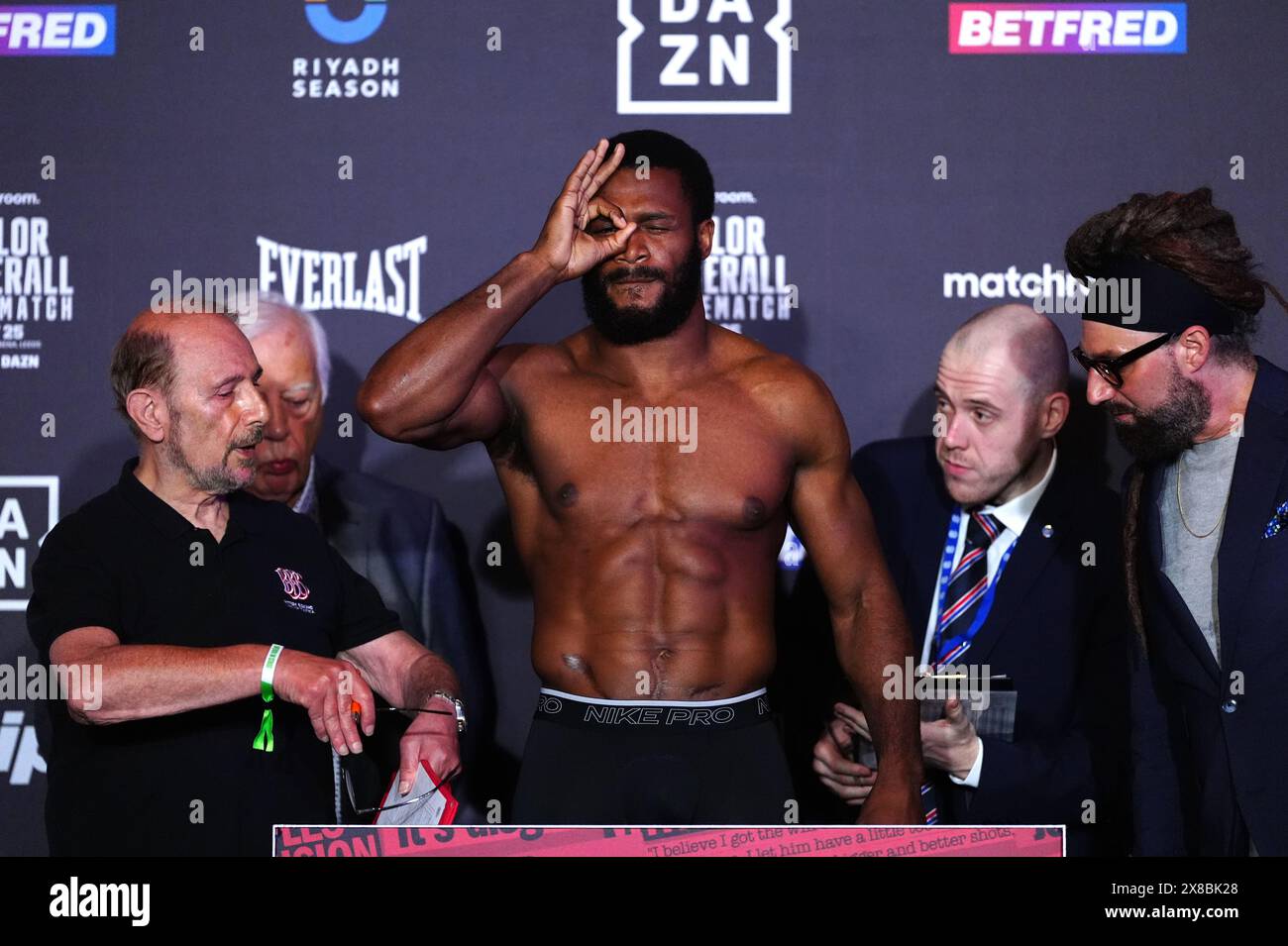 Cheavon Clarke during the public weigh-in at the New Dock Hall, Leeds ...