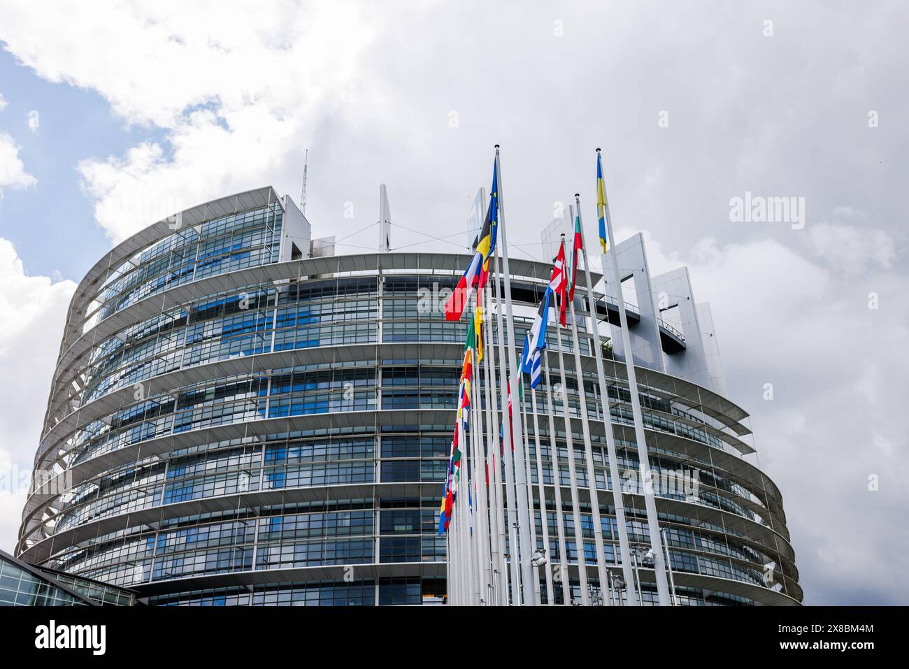 24 May 2024, France, Straßburg: The flags of the European Union, its ...