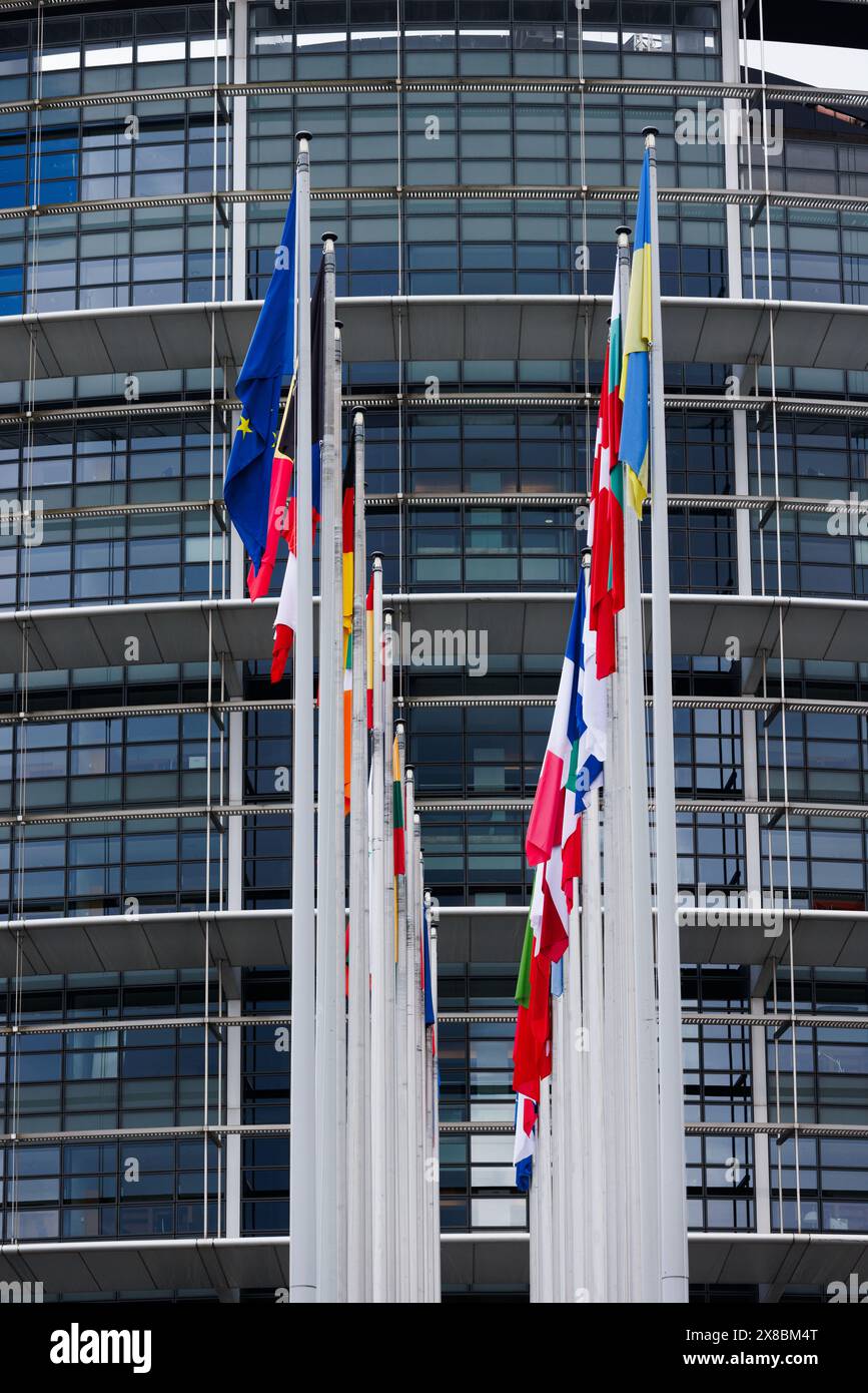 24 May 2024, France, Straßburg: The flags of the European Union, its ...