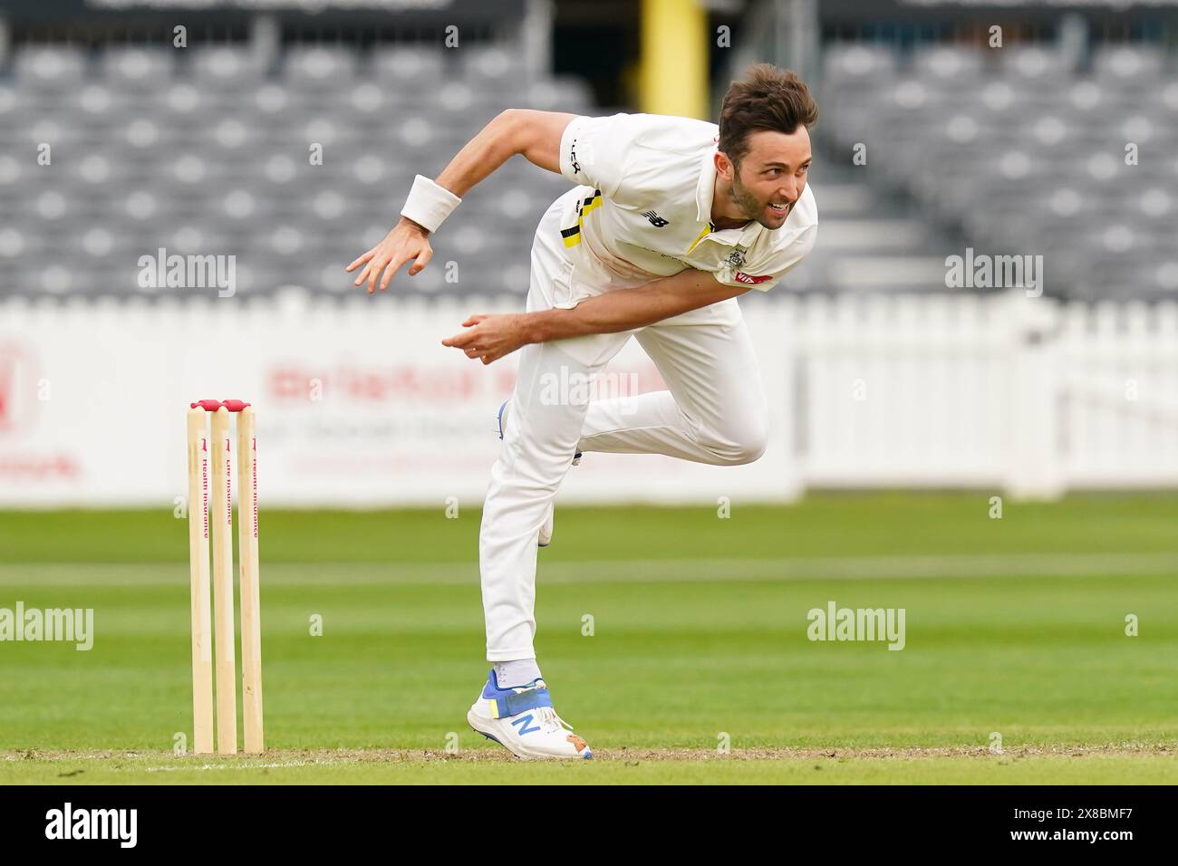 Bristol, UK, 24 May 2024. Gloucestershire's Matt Taylor bowling during ...