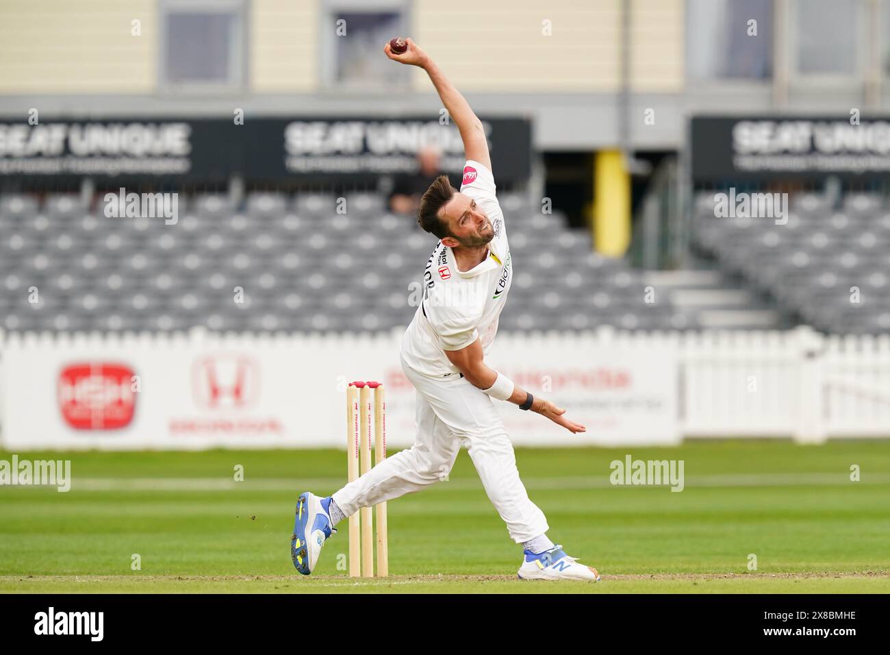 Bristol, UK, 24 May 2024. Gloucestershire's Matt Taylor bowling during ...
