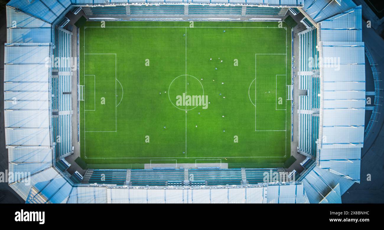 Aerial Top Down View of Soccer Football Field and Two Teams Playing ...