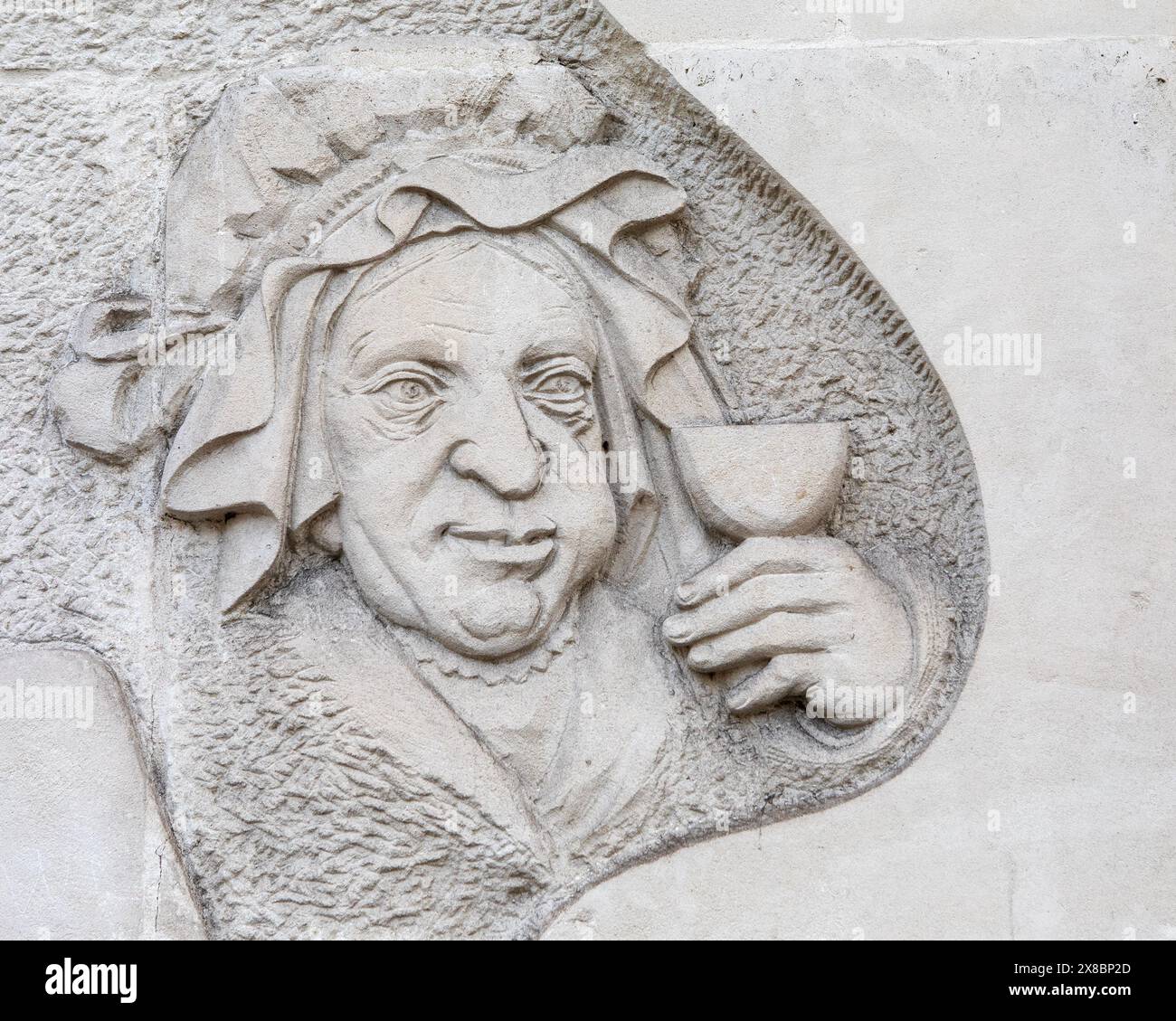 London, UK - March 18th 2024: Relief sculpture of Sairey Gamp on the ...